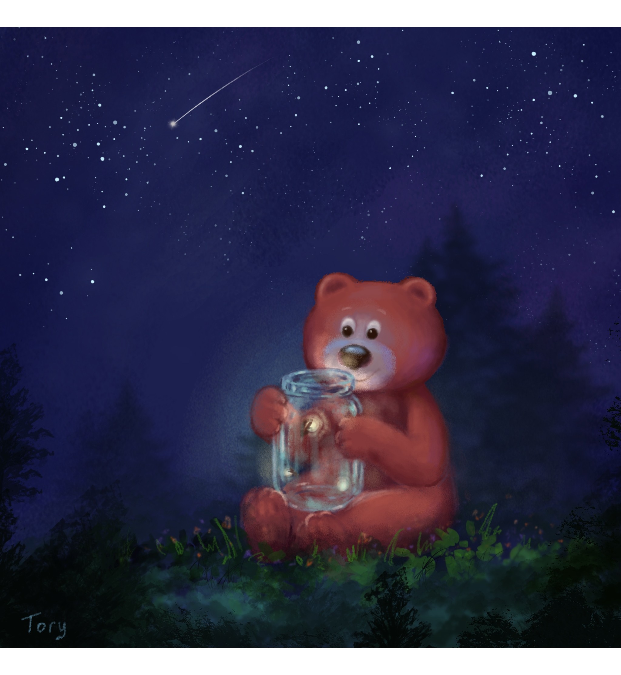 Teddy bear with fireflies - Tory Artist - digital and traditional painting